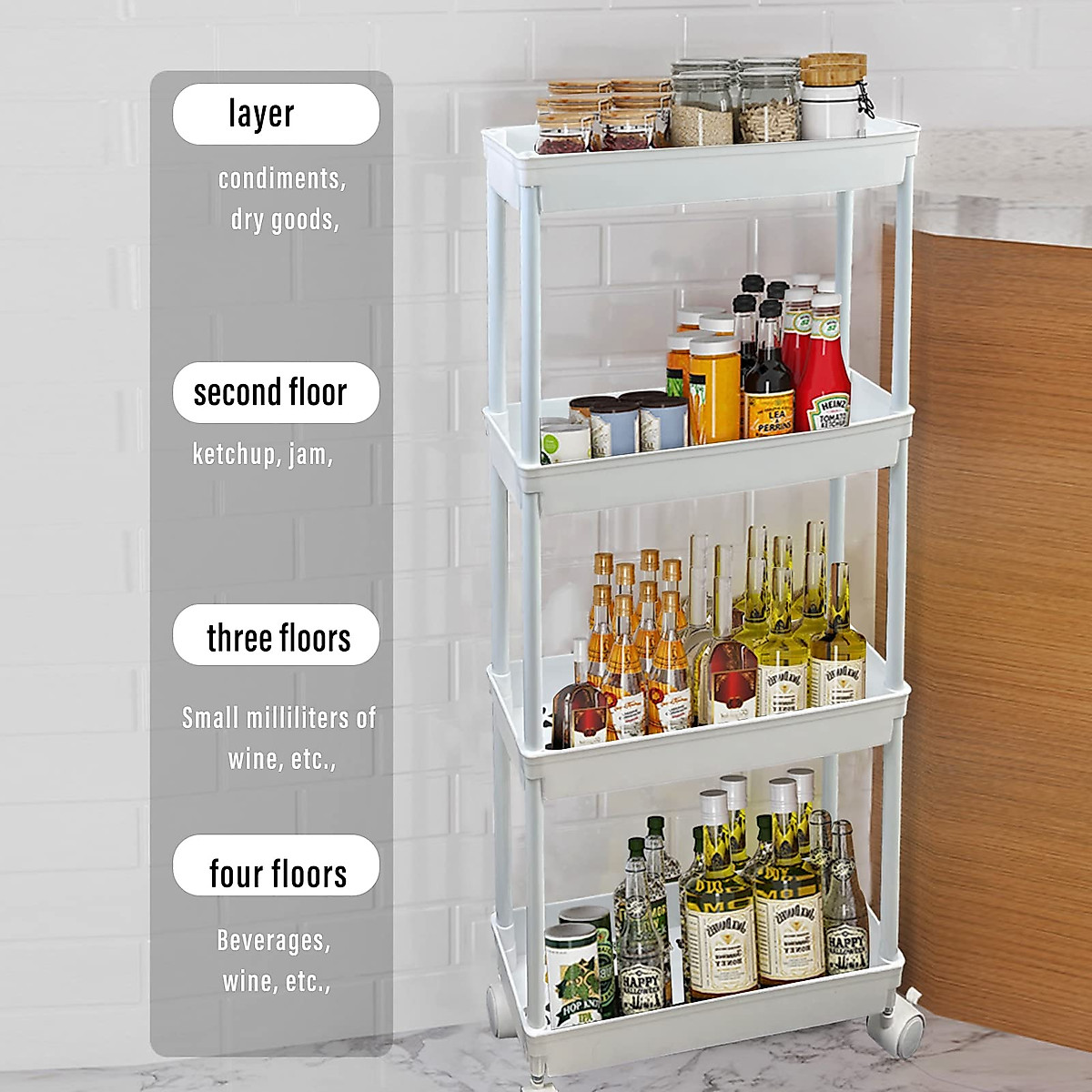 4 Tier Kitchen Bathroom Storage Rolling Cart 39 Inches Tall Slim Utility Rolling Shelf Cart with 4 Universal Wheels Coner Storage Shelves Cart White