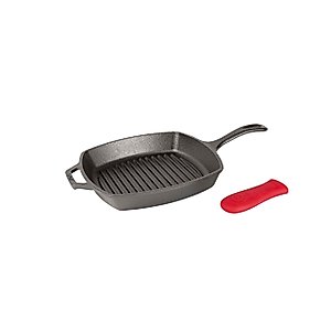 Lodge L8SGP3ASHH41B Cast Iron Square Grill Pan with Red Silicone Hot Handle Holder, Pre-Seasoned, 10.5-inch