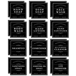 24PCS Waterproof Soap Labels for Bottles, Bathroom Hand Soap Label Stickers, Shampoo and Conditioner Dispenser Labels for Glass/Plastic Spray Bottle (Black)