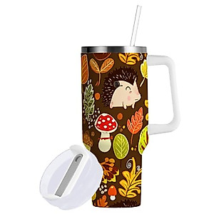40 Oz Cute Hedgehog Autumn Insulated Water Tumbler with Handle and Straw Lid, 2 in 1 Lid Insulated Vacuum Insulated Tumbler