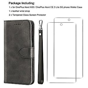 for OnePlus Nord N30 Case and Tempered Glass Screen Protector, PU Leather Flip Cover Wallet Phone Case Protector [Full Protection] [Card Slots] [Kickstand] for OnePlus Nord CE 3 Lite 5G, Black
