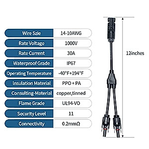 ELFCULB 2Pair Solar Panel Connector, 1 FT Solar Connectors Y Branch Parallel Adapter Cable Solar Cable, 1 Male to 2 Female(M/FF) and 1 Female to 2 Male(F/MM) Solar Panel Cables and Connectors 1500V