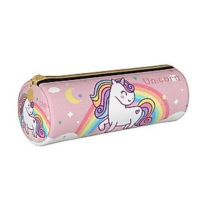 Unicorn Pencil Case Round Pink Zipper Pencil Pouch Rainbow Round Pen Bag for Women Girls