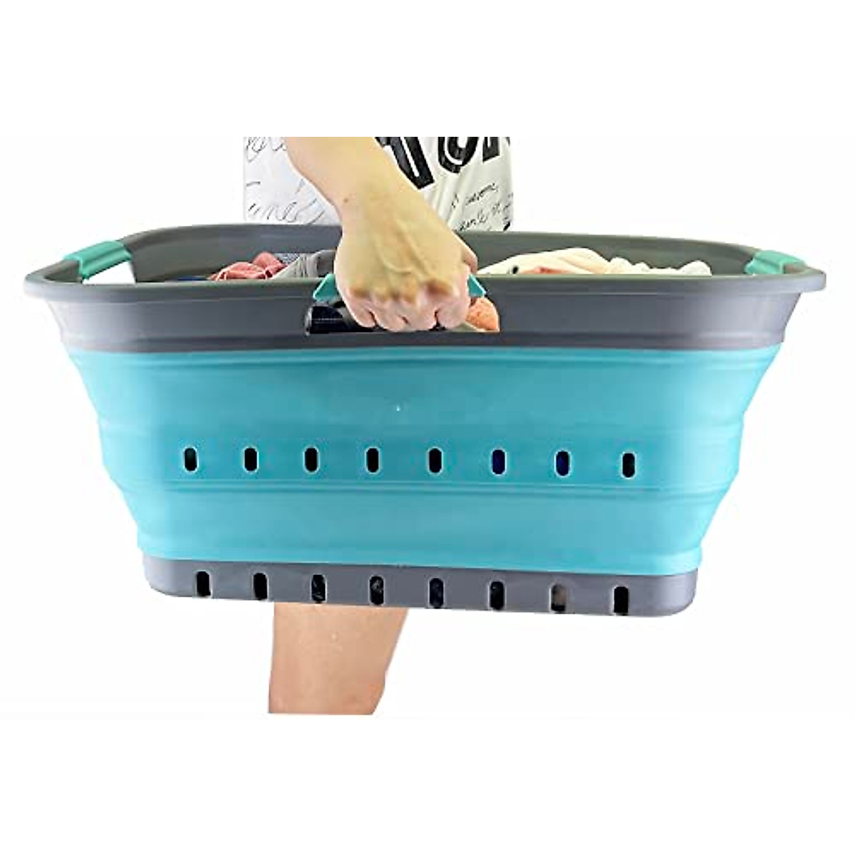 SAMMART 42L (11 gallon) Set of 2 Collapsible Plastic Laundry Basket - Foldable Pop Up Storage Container/Organizer - Portable Basket - Space Saving Hamper/Basket (Alloy Grey + Crystal Blue)