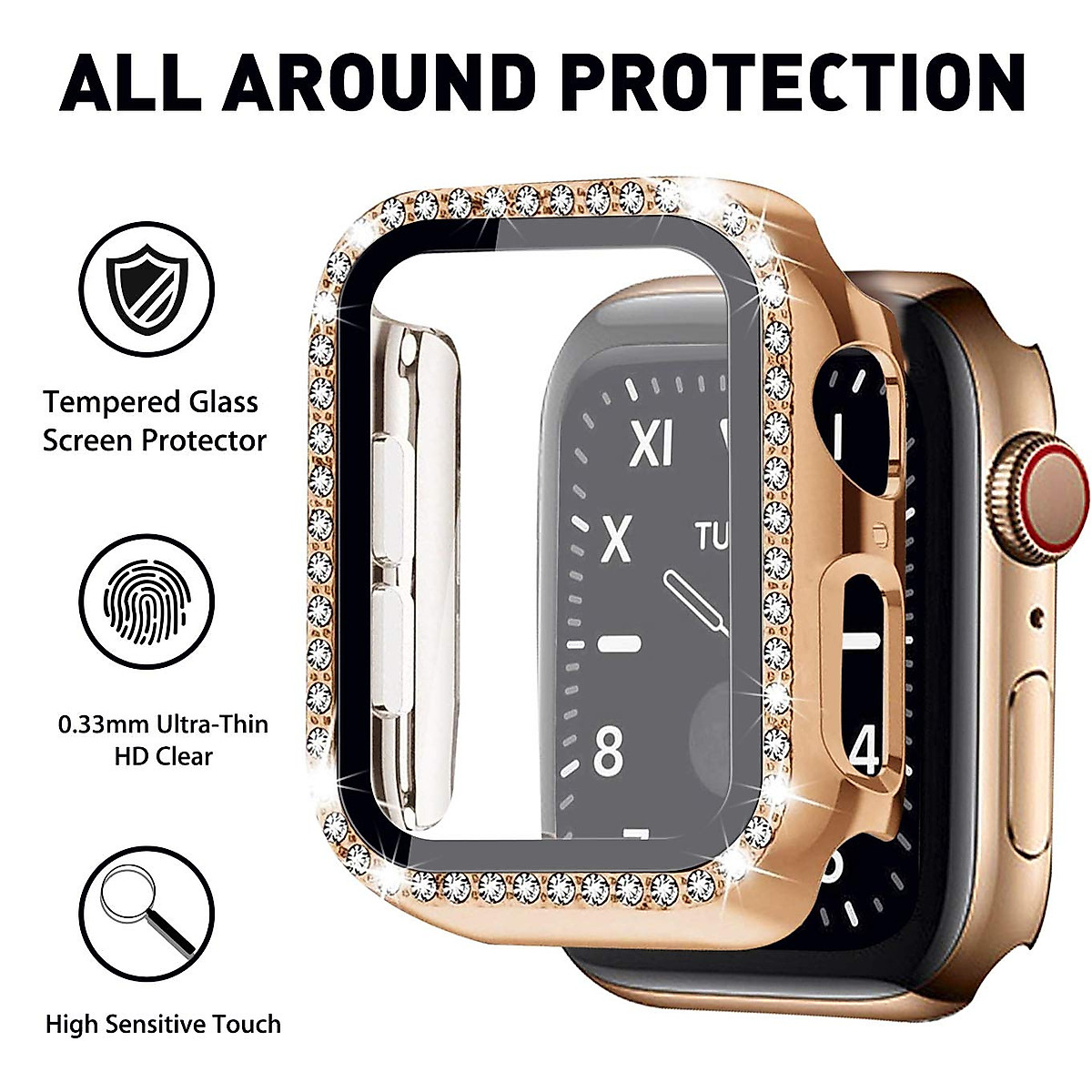 Mosonio Compatible for Apple Watch Band 40mm with Screen Protectors Case Women, Jewelry Bracelet Metal Bands with 2 Pack Bling Case Cover for iWatch Series SE 6 5 4(Rose Gold Link with Black Leather)