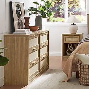 OAKHAM HOME Nightstand Set of 2, Rattan Night Stand with Type-C Charging Station, Bedside Table with Drawer, Boho Bed Side Table End Table Accent Table for Bedroom Living Room (Weathered Oak)