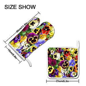 Oven Mitts and Pot Holders Set,Oven Glove Cooking Mitts Hot Pad,Flower Pansies Heat Resistant Kitchen Cooking Mitts Gift for Baking Grilling