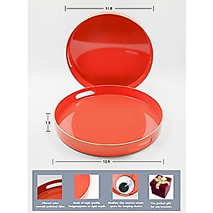 Decorative Tray, Marbling Plastic Tray with Handles, Rectangular Vanity Tray and Serving Tray for Bathroom, Kitchen, Ottoman and Coffee Table (Round Set, Orange)