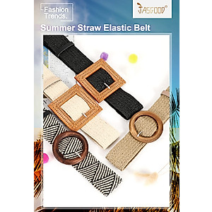 JASGOOD Set of 4 Women Skinny Elastic Dress Belt, Straw Woven Stretchy Waistband Fashion Large Style Buckle (Black+Beige+Stripe+Khaki,Waist Size Below 35 Inch)