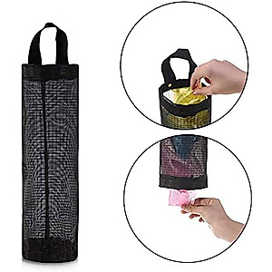 QIANRENON Kitchen Grocery Plastic Bag Holder and Dispenser, Waterproof Washable Wall Mount Folding Mesh Storage Bag 2 Pack Black
