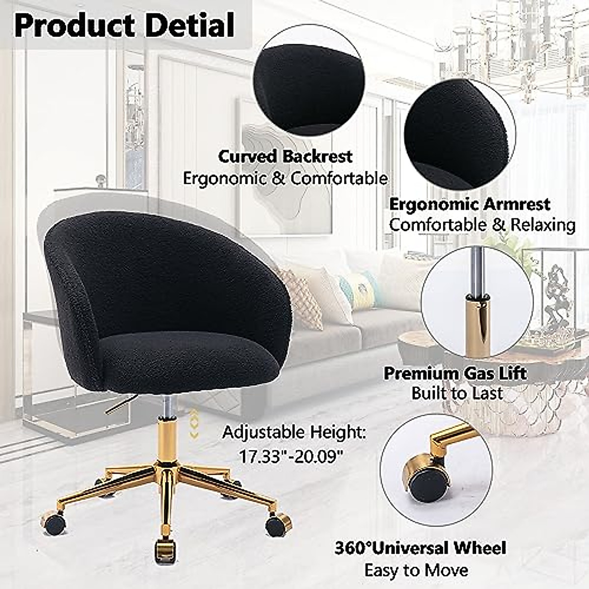 HomVent Modern Faux Fur Home Office Chair, Furry Cute Desk Chair with Gold Metal Leg, Ergonomic Adjustable Swivel Desk Chair with Wheels, Makeup Vanity Chair for Girls Women Study Makeup Bedroom Black