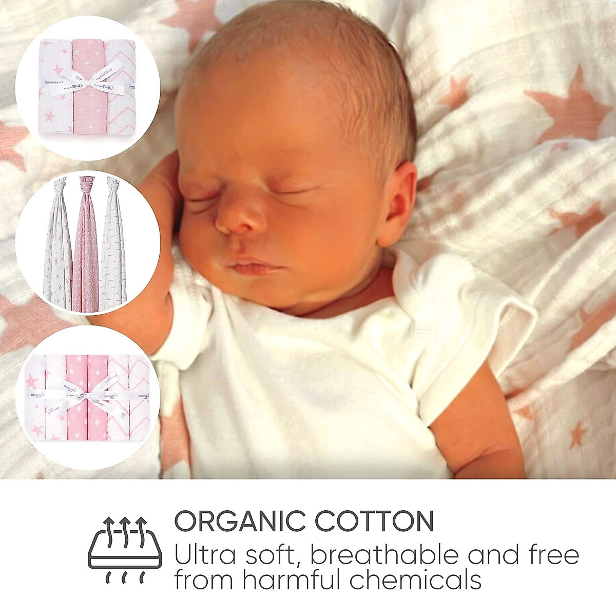 Bloomsbury Mill – Swaddle Blanket - Muslin Swaddle Blankets for Baby Girls and Boys - 100% Organic Cotton Baby Swaddles 3 Pack - Pink and White – 47” x 47”