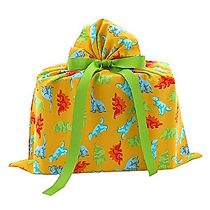 VZWraps Dinosaurs Reusable Fabric Gift Bag for Birthday, Baby Shower or Any Occasion (Yellow, Medium 17 Inches Wide by 18 Inches High)