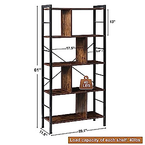 BETTAHOME Tall 5-Tier Bookshelf, 61'' Tall Open Book Shelf, Industrial Wooden Bookcase, Display Storage Organizer for Home Office, Bedroom, Living Room, Rustic Brown and Black