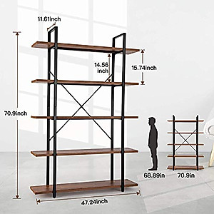 Himimi 5 Tier Bookshelf, Open Vintage Industrial Style Bookshelves and Bookcase, Etagere Bookcase with Metal Frame for Home and Office Organizer