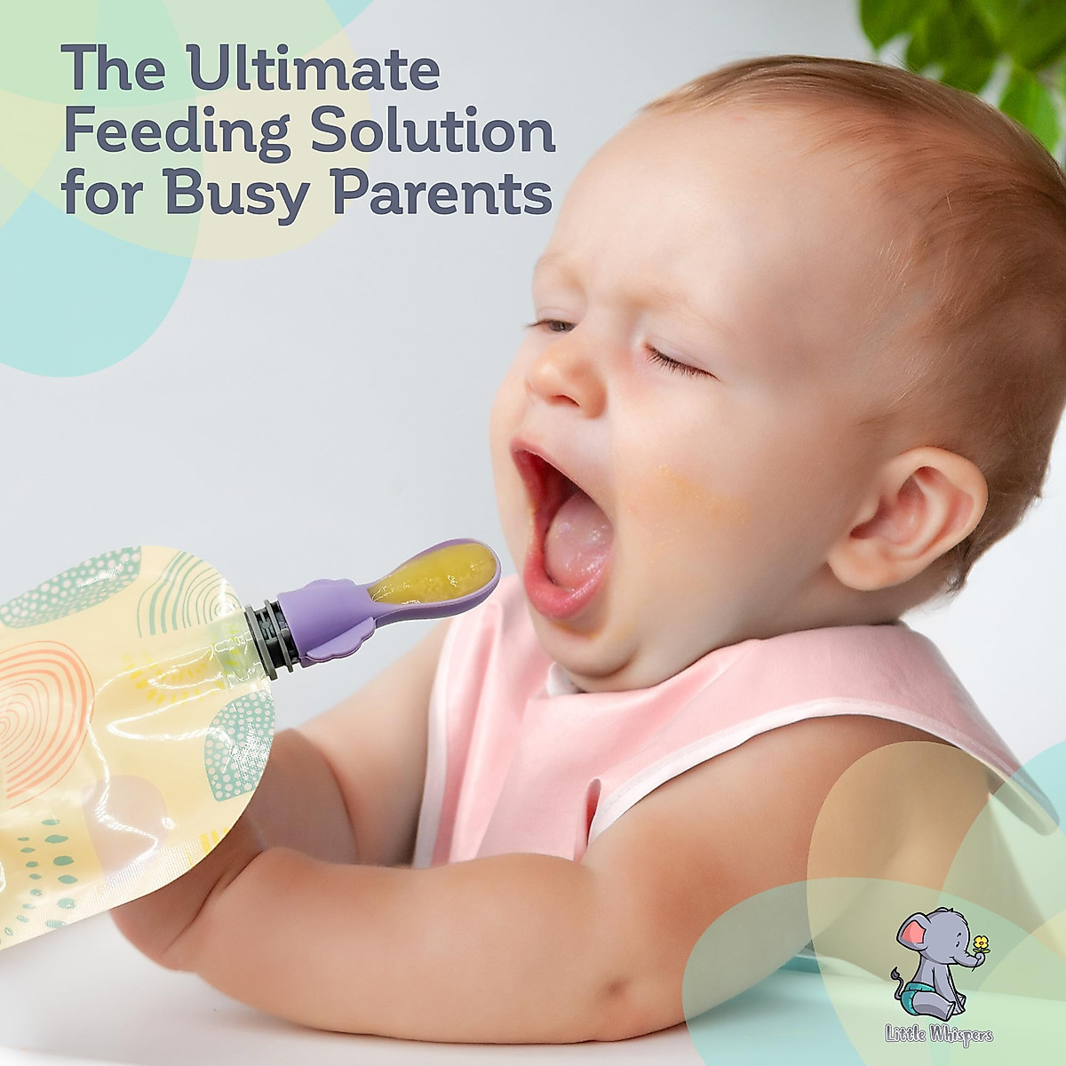 LittleWhispers Stage 1 Baby Pouch Spoon Attachment - 5 Pack Small Spoons - Travel Case Included - Silicone Baby Food Pouch Spoon Tops - Squeeze Baby Pouch Topper