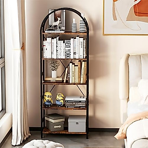 Arbuxzuy 5-Tier Bookshelf, 24 Inch Width Industrial Arched Bookcase, Vintage Storage Rack with Open Shelves, Free Standing Shelf for Home Office, Living Room,Bedroom, Rustic Brown