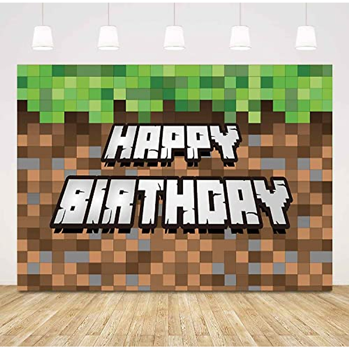 7x5ft Pixel Happy Birthday Backdrop for Video Game Family Birthday Party Supplies Decorations Mining Dirt Block Banner Pixel Miner Birthday Banner Photography Background