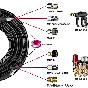POHIR Sewer Jetter Kit for Pressure Washer 50 ft, Hydro Drain Jetter Cleaner Hose with 1/4 Female NPT, Button Nose, Rotating Sewer Jet Nozzle and Pressure Washer Adapter, 4000 PSI Drain Cleaner Hose