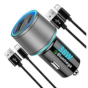 Bluemega Fast Car Charger, 38W Dual Port USB Power Delivery Rapid Car Charger Adapter with 2Pack Nylon Braided Cord Quick Car Charging Compatible for iPhone 13 12 11 Pro Max X XR XS 8Plus