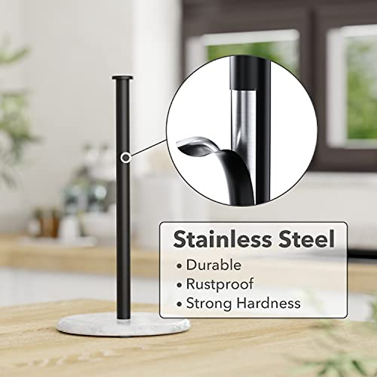 Susswiff Paper Towel Holder Countertop with Natural Marble Base, Kitchen Roll Holder, Standing Paper Towel Dispenser for Standard or Jumbo-Sized Rolls, Matte Black