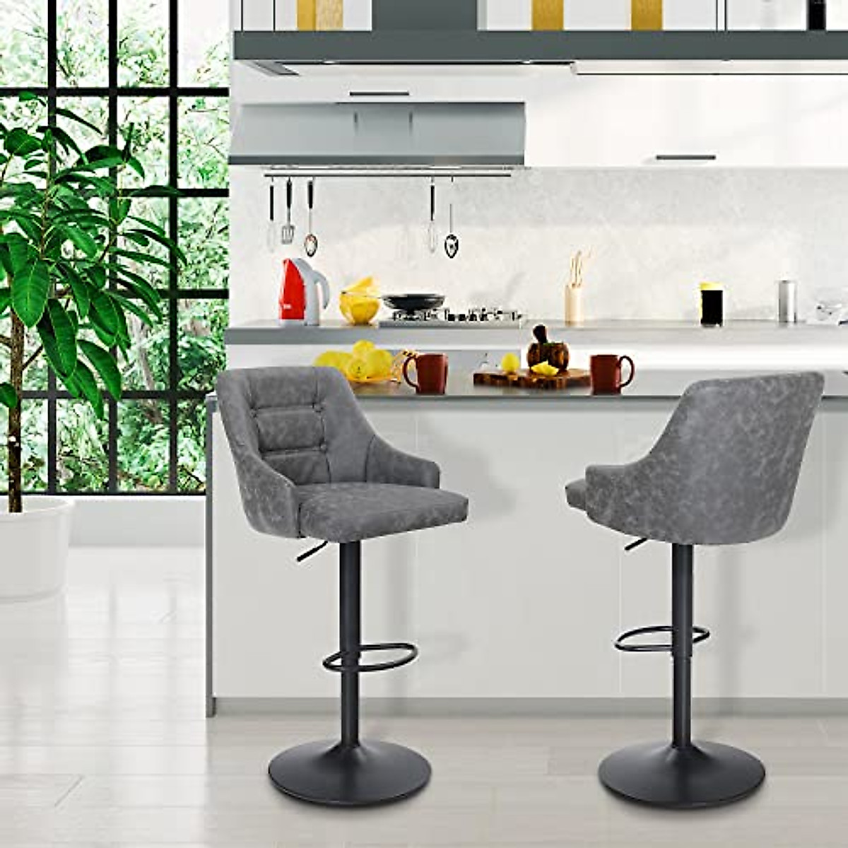 HERA'S PALACE 360 Swivel Bar Stools, Modern Barstool PU Leather Adjustable Counter Height Swivel Stool with Armrest and Backrest for Cafe, Kitchen, (Grey)