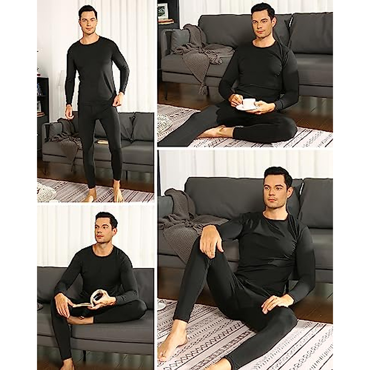 Thermal Underwear for Men Long Johns Thermals Top Bottom Set Base Layer Black L