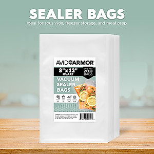 Avid Armor - Vacuum Sealer Bags, Vac Seal Bags for Food Storage, Meal Saver Freezer Vacuum Sealer Bags, Quart Size Sous Vide Bags Vacuum Sealer, Non-BPA, 8 x 12 inches, Pack of 200