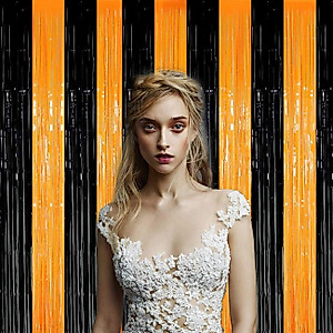 3 Packs 3.3ft x 6.6ft Orange Black Metallic Tinsel Foil Fringe Curtains Photo Booth Props for Halloween Birthday Bridal Shower Baby Shower Bachelorette Holiday Celebration Party Decorations