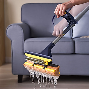 Yocada Collapsible Plastic Bucket Mop Bucket and Sponge Mop Kit Home Commercial Tile Floor Bathroom Garage Cleaning with Total 2 Sponge Heads Telescopic 42.5-52 Inches Easily Dry Wringing Yellow