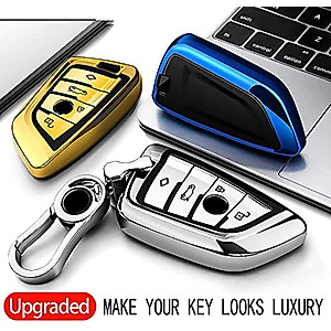 Intermerge for BMW Key Fob Cover,Blade Shape Soft TPU Key Case Shell Pouch for BMW New X1 X3 X5 X6 Series 1 2 5 7 Keyless Entry Key Cover-Blue