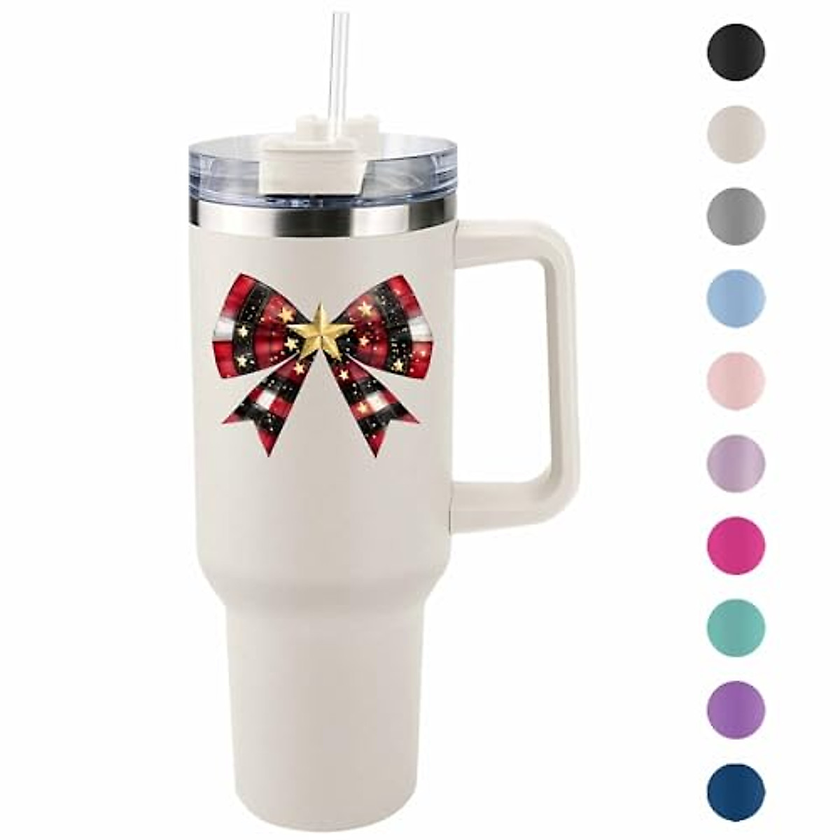 LB LEOBON 40 ounce insulated cup with handle, double-layer vacuum stainless steel material, equipped with straw, can keep warm or maintain cold drinks Red and Black Plaid Bow white