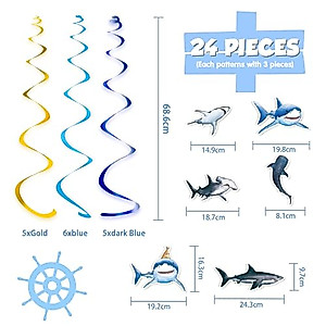 WERNNSAI Shark Party Hanging Swirls – 24 PCS Shark Party Supplies Birthday Decorations for Boys Ocean Shark Themed Party Baby Shower Ceiling Decor