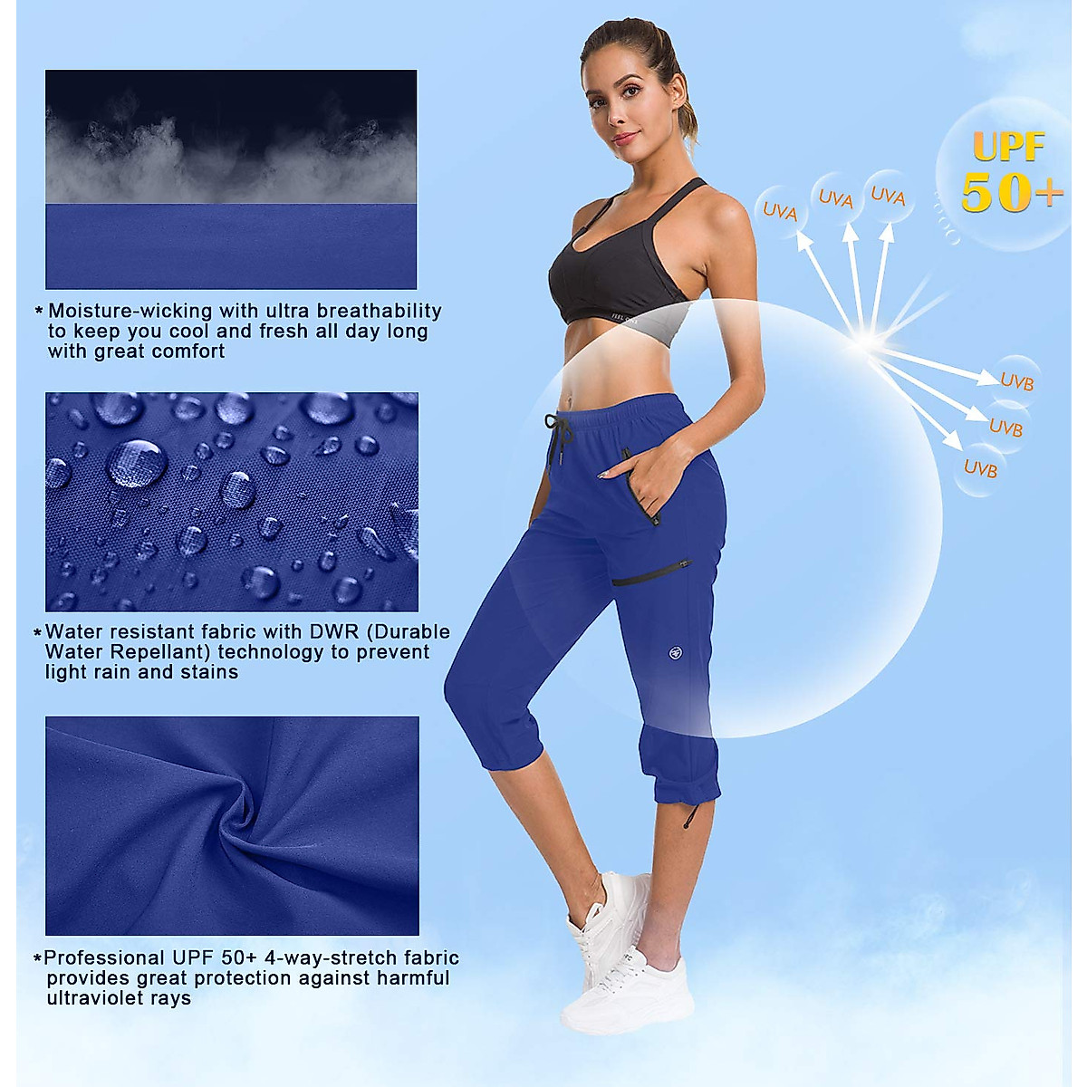 ChinFun Women's Hiking Capris Pants Outdoor Quick Dry Cargo Cropped Pants Water Resistant UPF 50+ Royal Blue XXL