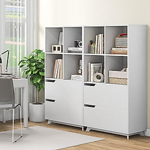 Giantex 51" Tall Bookcase with 2 Drawers, 4-Tier Open Bookshelf with 4 Storage Cubes, Modern Display Shelf with Anti-Toppling Devices, Freestanding Wooden Storage Shelf for Home Office, White