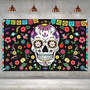 Day of The Dead Backdrop for Mexican Fiesta Sugar Skull Flowers Background Dia DE Los Muertos Birthday Halloween Party Supplies Fiesta Banner Party Decoration Photo Booth Studio (Skull)
