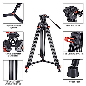 Heavy Duty Tripod Professional Video Tripod Aluminium 72inch with 360 Degree Fluid Head for Canon Nikon DSLR Camcorder Cameras
