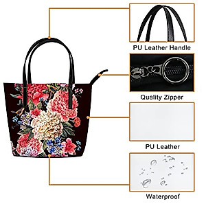 Vintage Boho Pink Peonies Floral Tote Bag for Women Leather Handbags Women's Crossbody Handbags Work Tote Bags for Women Coach Handbags Tote Bag with Zipper.