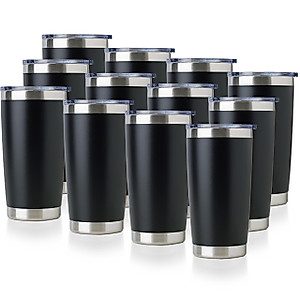 DOMICARE 20oz Stainless Steel Tumbler Bulk with Lid, Double Wall Vacuum Insulated Travel Mug, Powder Coated Coffee Cup, Powder Black, 12 Pack
