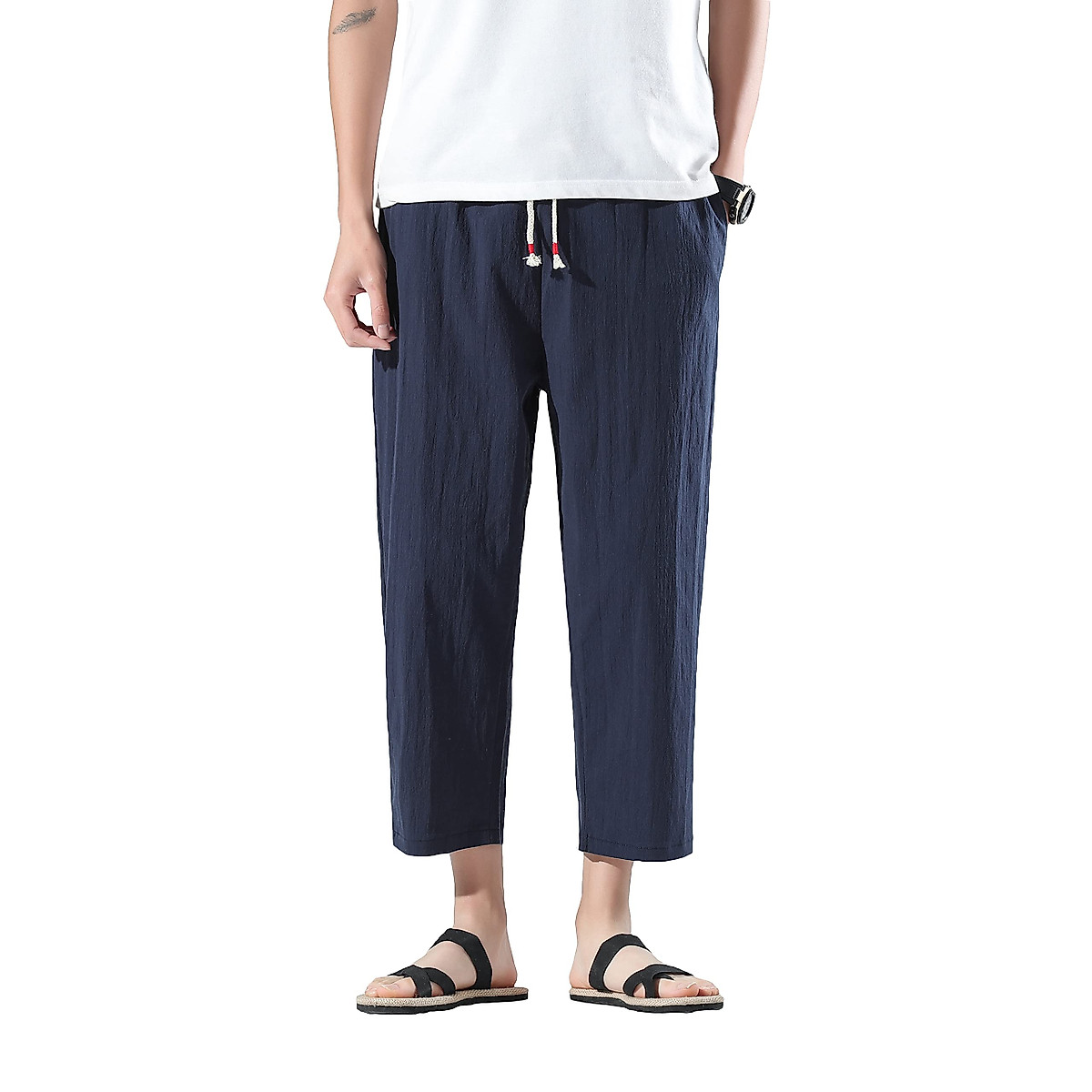 PRIJOUHE Mens Harem Pants Casual Lightweight Loose Fit Capri Pants Linen Beach Pants with Elastic Waistband