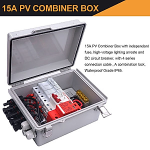 mankk 4 String PV Combiner Box IP65 Waterproof Solar Combiner Box with 63A Circuit Breaker Lightning Arreste Solar Connector and 15A Rated Current Fuse for On/Off Grid Solar Panel System PV-BOX-4X