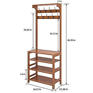 AKTOP Entryway Coat Rack Shoe Storage - 4 in 1 Hall Tree Storage Shelf, 4-Tier Bamboo Shoe Rack with 9 Double Hooks and Top Shelf Organizer, Perfect for Mudroom, Hallway and Bedroom, Easy Assembly