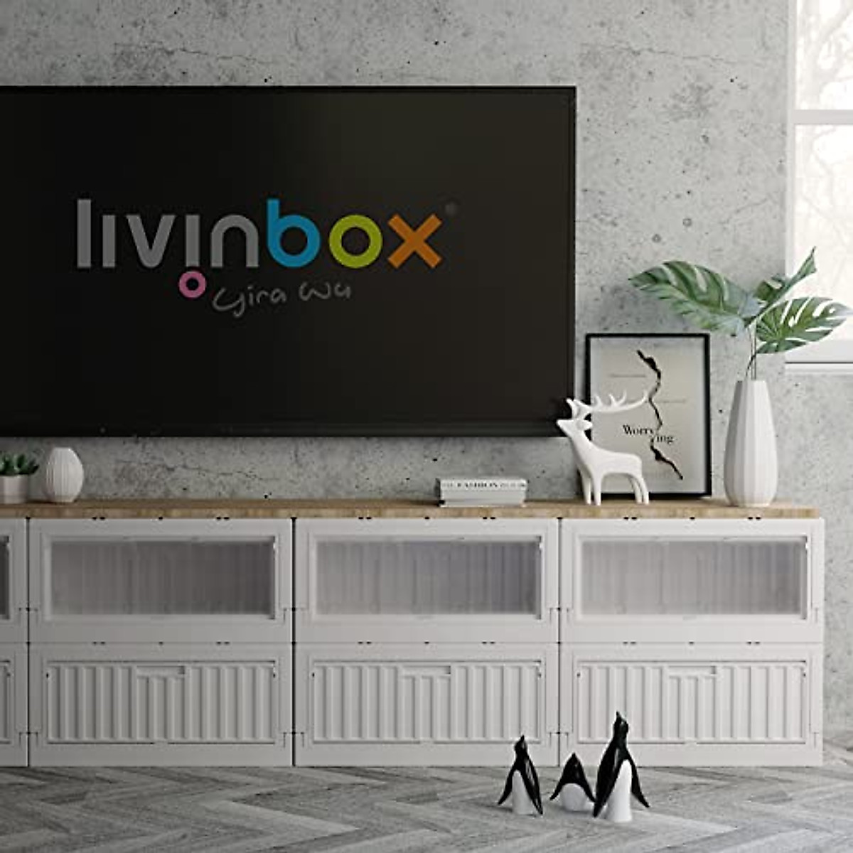 livinbox 45L collapsible storage bins with door, comic books container, dust-proof stack-able folding box for Home Office Bedroom Dorm Toys Bedding, white & transparent, FB-6432S-WTTR