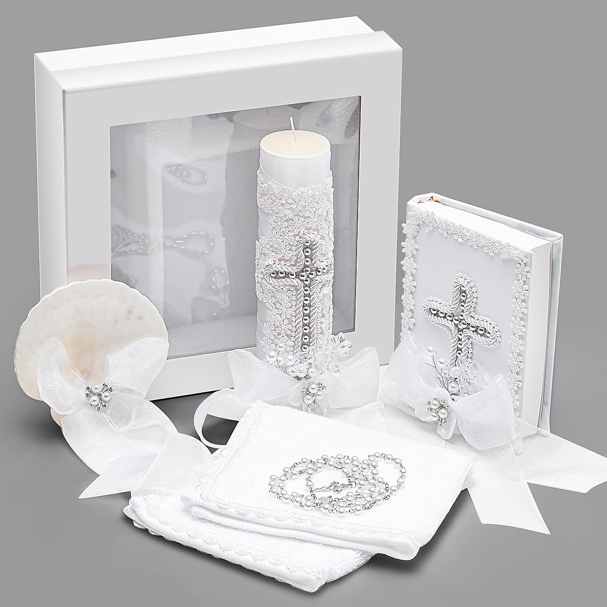 5 Pcs Baptism Candle Set for Boys Girls Included Candle Baptismal Devotional Candle, Baptism Towel, Rosary, Bible, Shell Kit with Pearls Details for Christenings Favor (Cross,Silver)