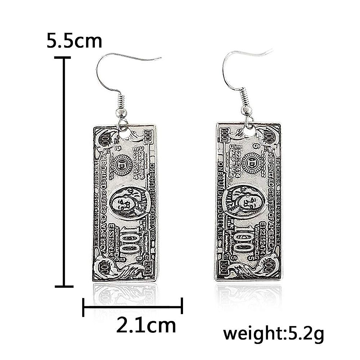 YOOE Cute 100 Dollar Bill Money Currency Dangle Earrings.Punk hiphop Paper Cash Drop Earrings.Antique Silver Gold For Women Jewelry (Silver 2)