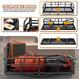 Universal 59"x24"x14" Black Mild Steel Foldable Cargo Box Luggage Carrier Basket Fits 2" Receiver