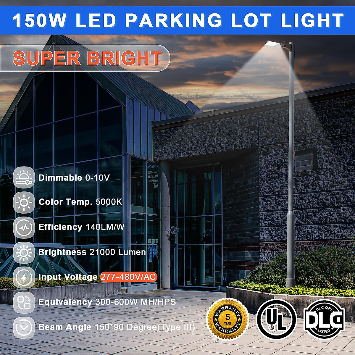 480V 150W LED Parking Lot Light, 5000K 21000LM [Eqv. 600W HPS] LED Shoebox Light with Direct Arm Mount, Dimmable Outdoor Street Area Light, IP65 10KV Surge Protection, AC 277-480V UL&DLC Listed