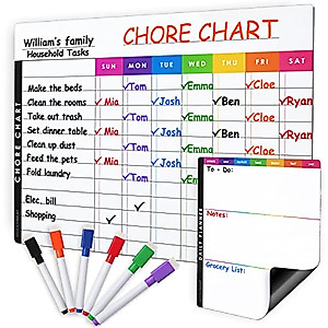 Magnetic Chore Chart Dry Erase Whiteboard Set - Reward Chores Chart for Multiple Kids, Teens & Adults (11.5"x 15"), Daily To-Do, Grocery, Notes (7"x 9") -Behavior Chart For Fridge & 6 Fine Tip Markers