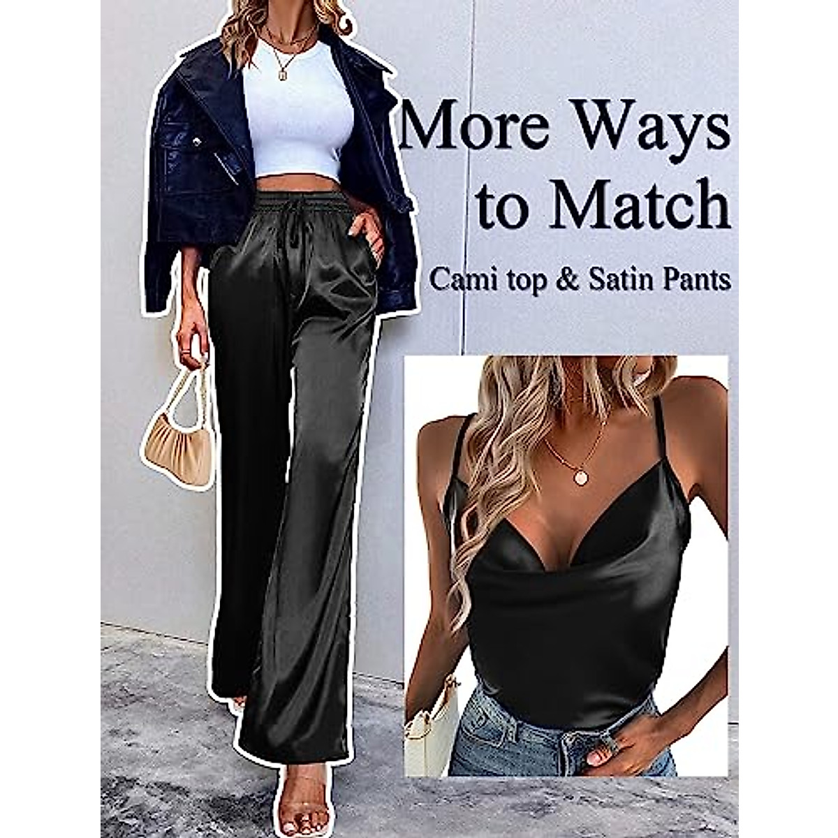 Ekouaer Pjs Women's Summer Silk Pajamas Plus Size Satin Shirt and Long Pants 2 Piece Lounge Tracksuit Outfits Set Black,XX-Large