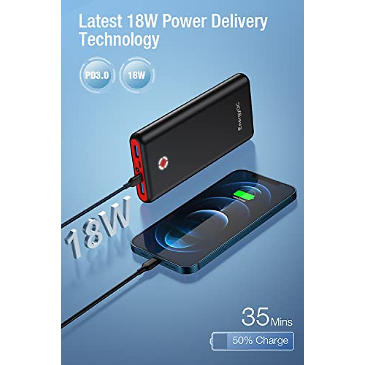 EnergyQC Pilot X7 Portable Charger,20000mAh 18W PD Fast Charging Power Bank,USB C Input/Output Battery Pack with LED Flashlight for iPhone,Samsung and More - Black+Red